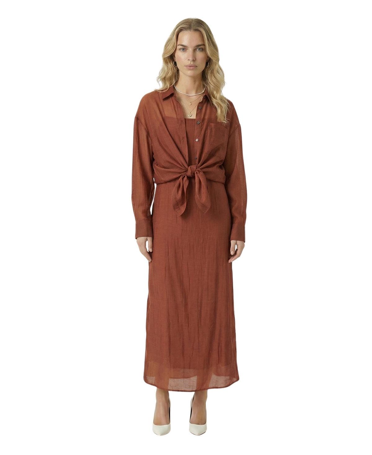 Click here for Modenaire Womens Sheer Layered Midi Dress Set - Br... prices