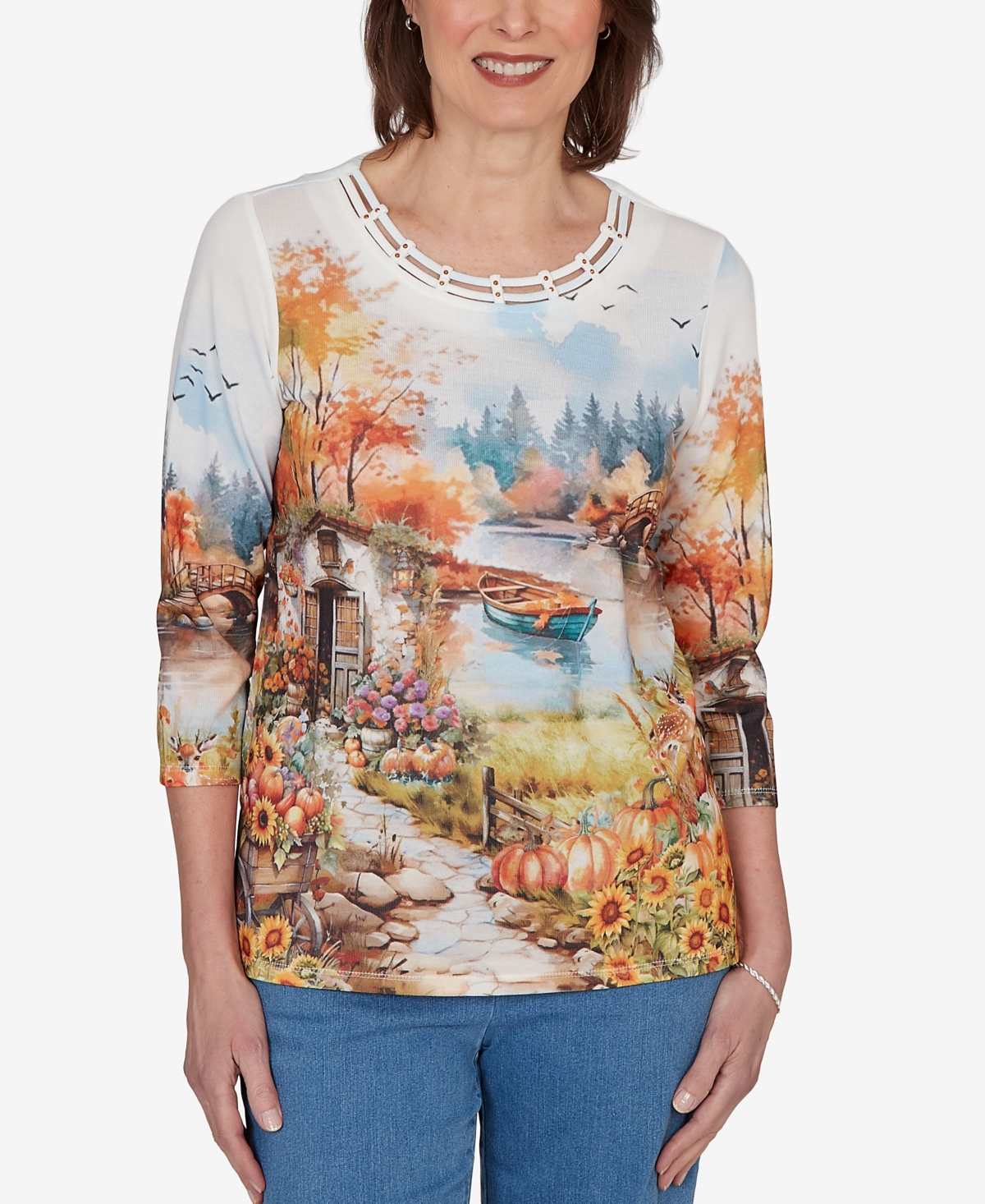 Click here for Alfred Dunner Petite Autumn Lake Scenic Print Top... prices