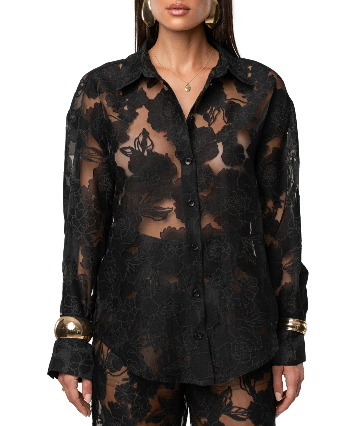 Click here for Jluxlabel Womens Organza Floral Blouse - Black prices