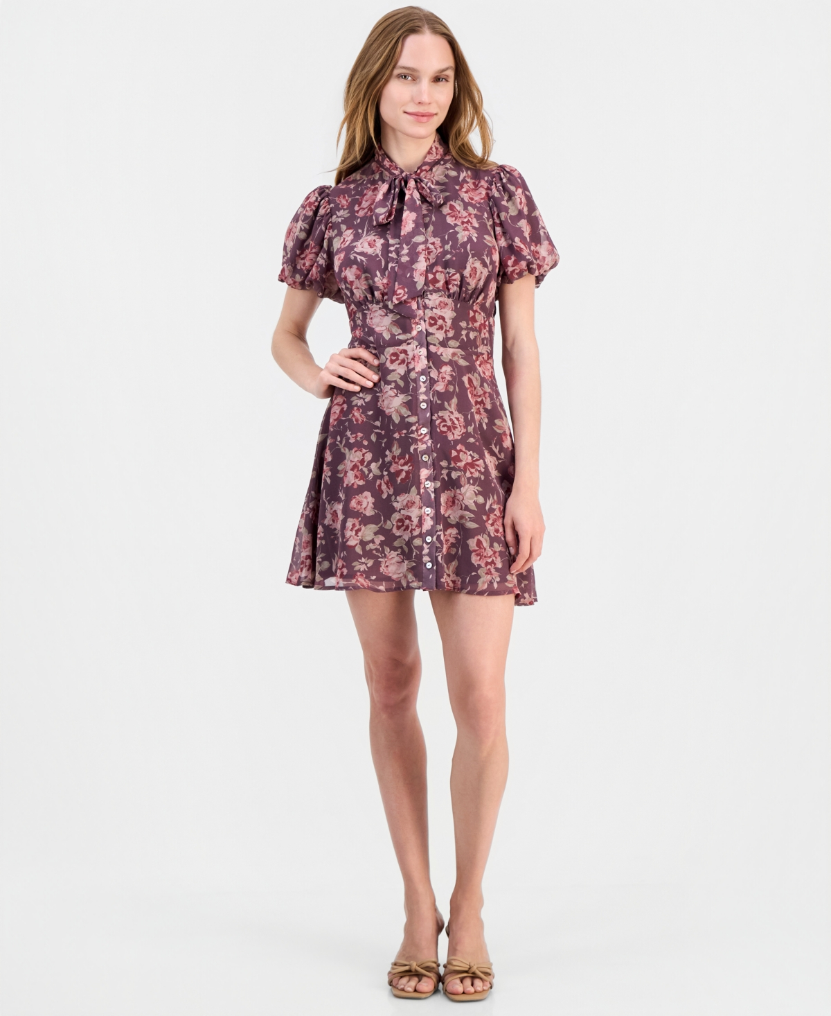 Click here for Lulus Womens Jonni Puff-Sleeve Floral-Print Tie-Fr... prices