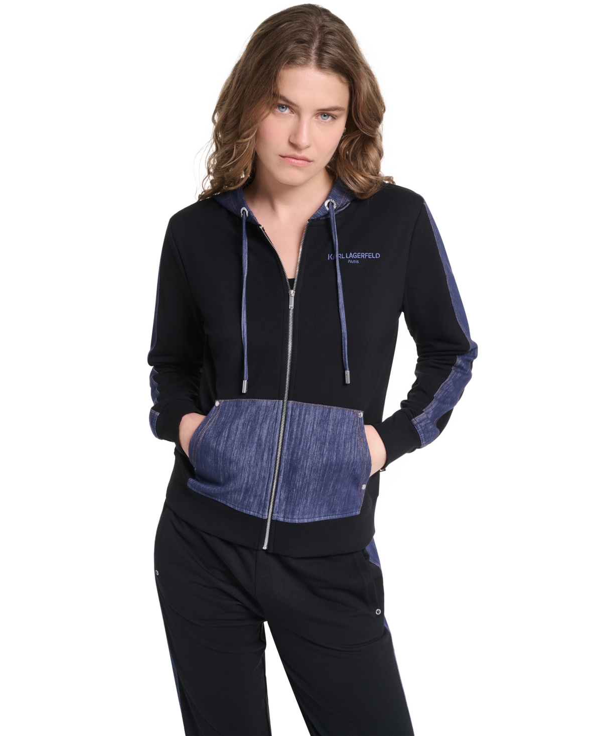 Click here for Karl Lagerfeld Paris Womens Zip-Up Denim-Contrast... prices