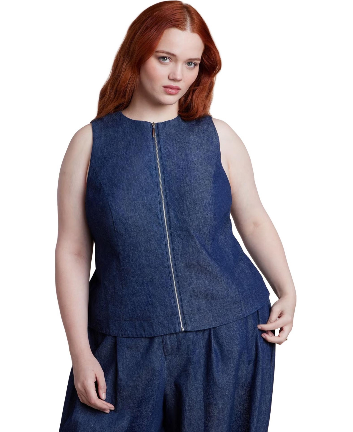 Click here for Eloquii Womens Chambray Zip Up Top - Dark wash prices