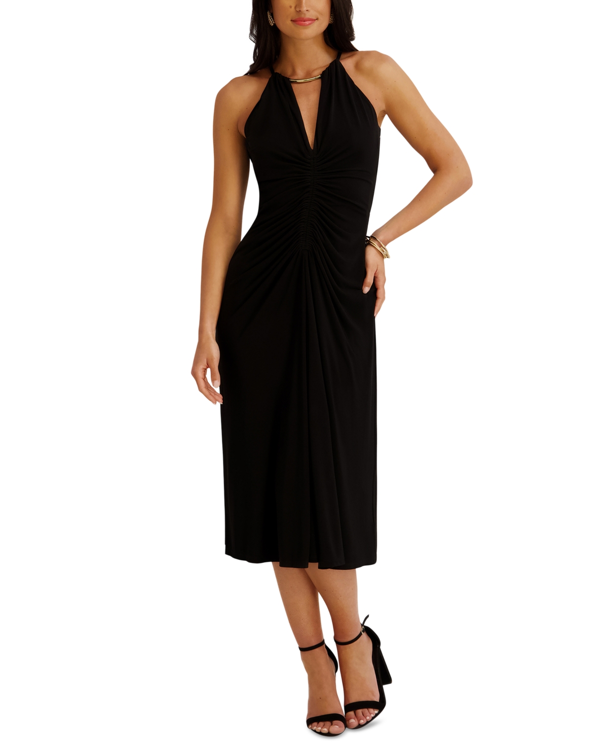 Click here for Siena Womens Ruched Halter V-Neck Midi Dress - Bla... prices