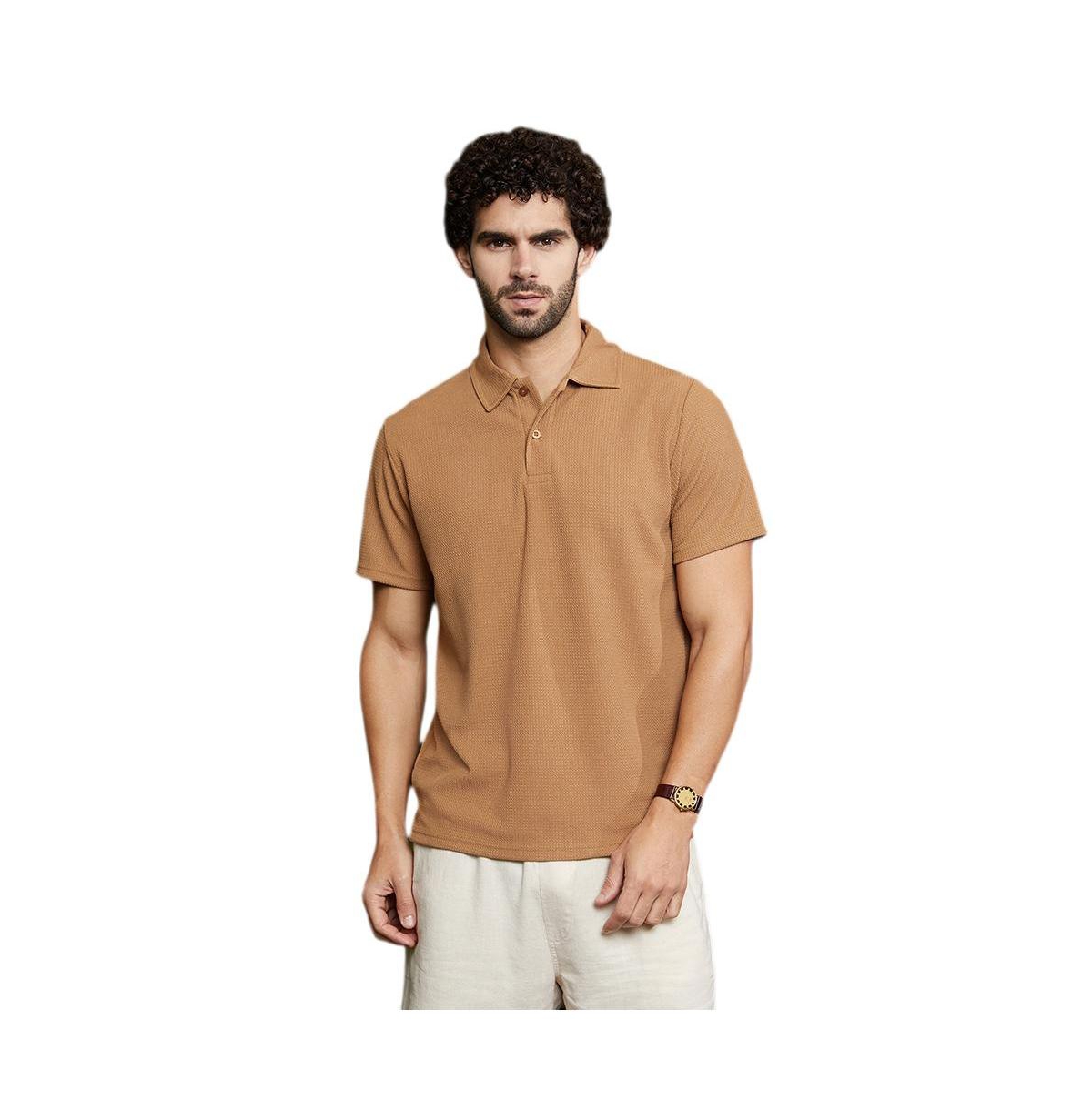 Click here for Campus Sutra Mens Ribbed Polo T-Shirt - Camel beig... prices