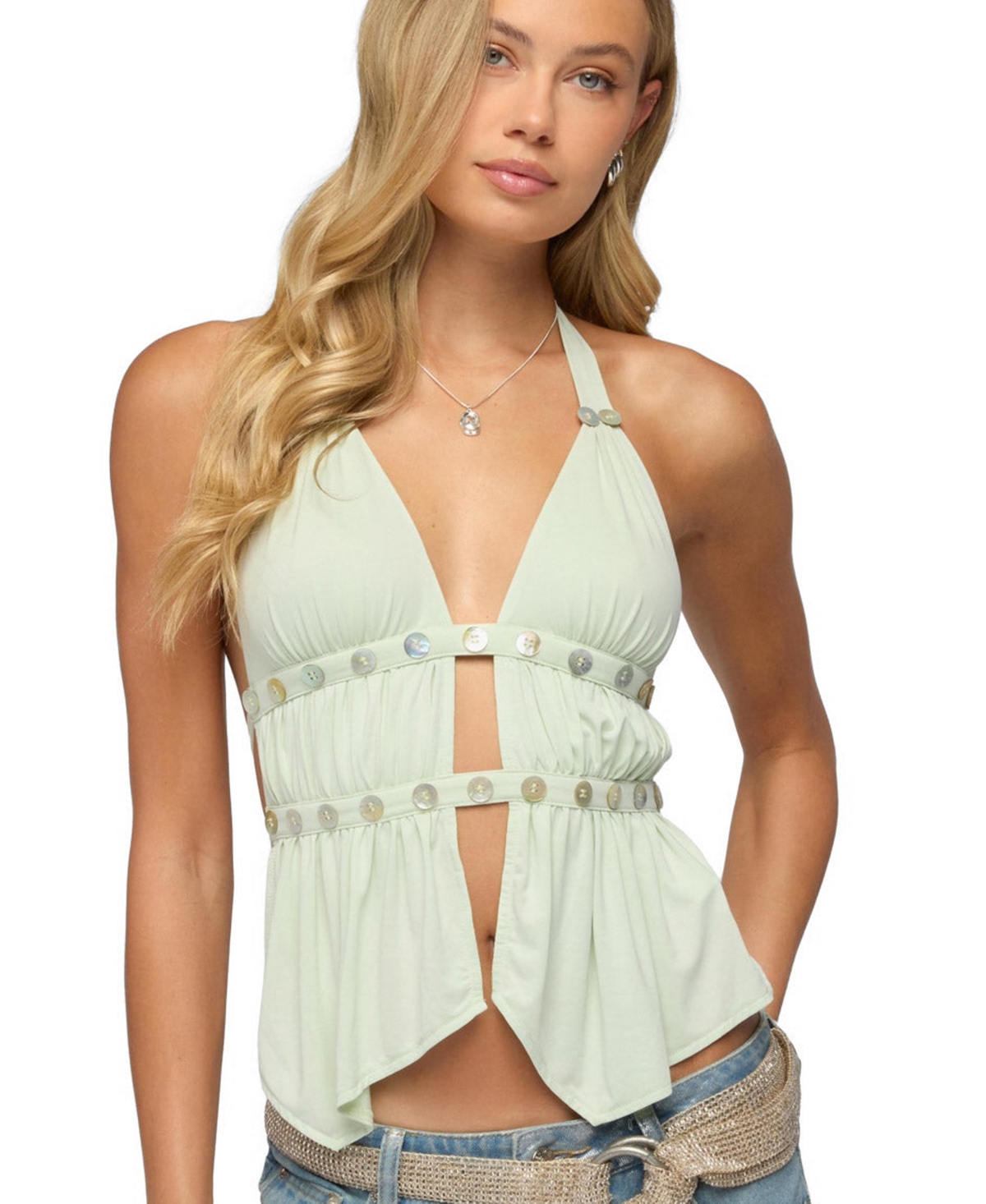 Click here for Edikted Womens Izora Button Split Front Top - Gree... prices