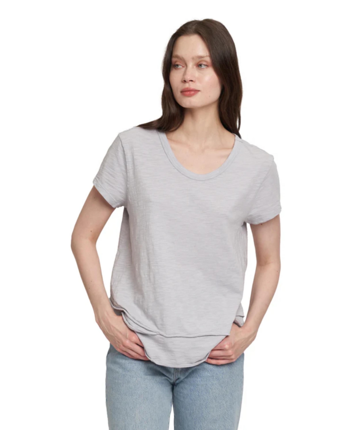 Click here for Wilt Woemns Short Sleeve Mock Layer Tee - Mist prices