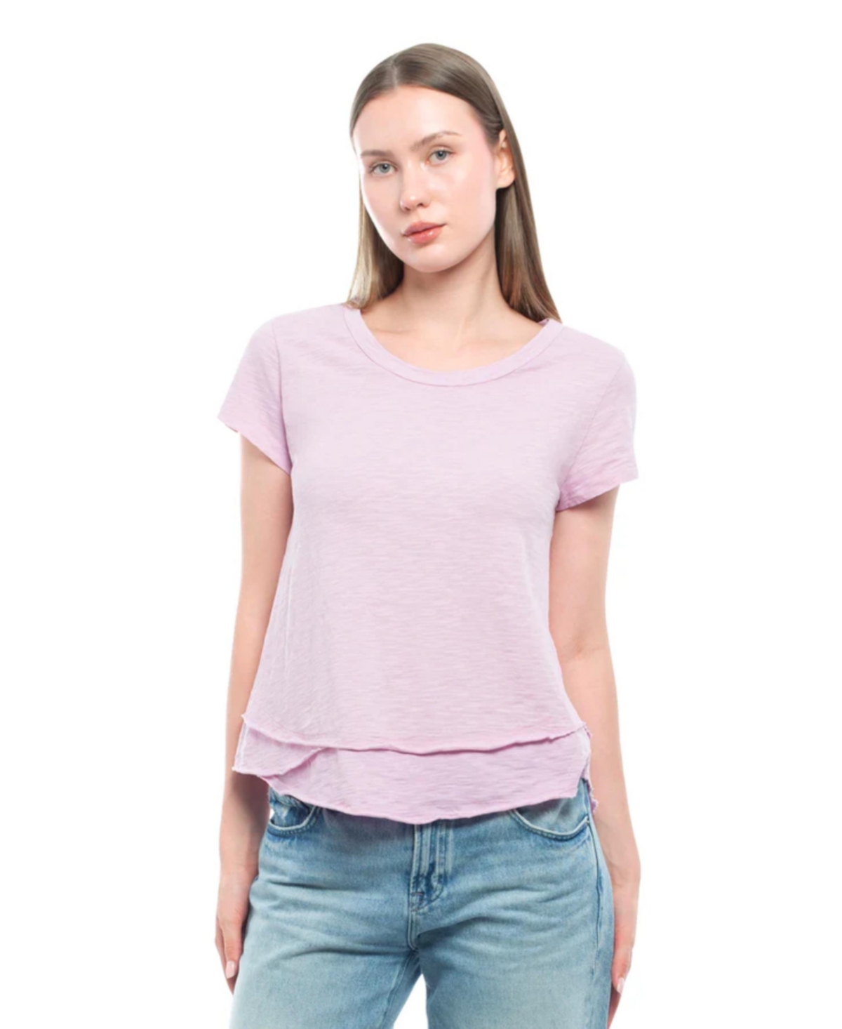 Click here for Wilt Woemns Short Sleeve Mock Layer Tee - Mauve mi... prices