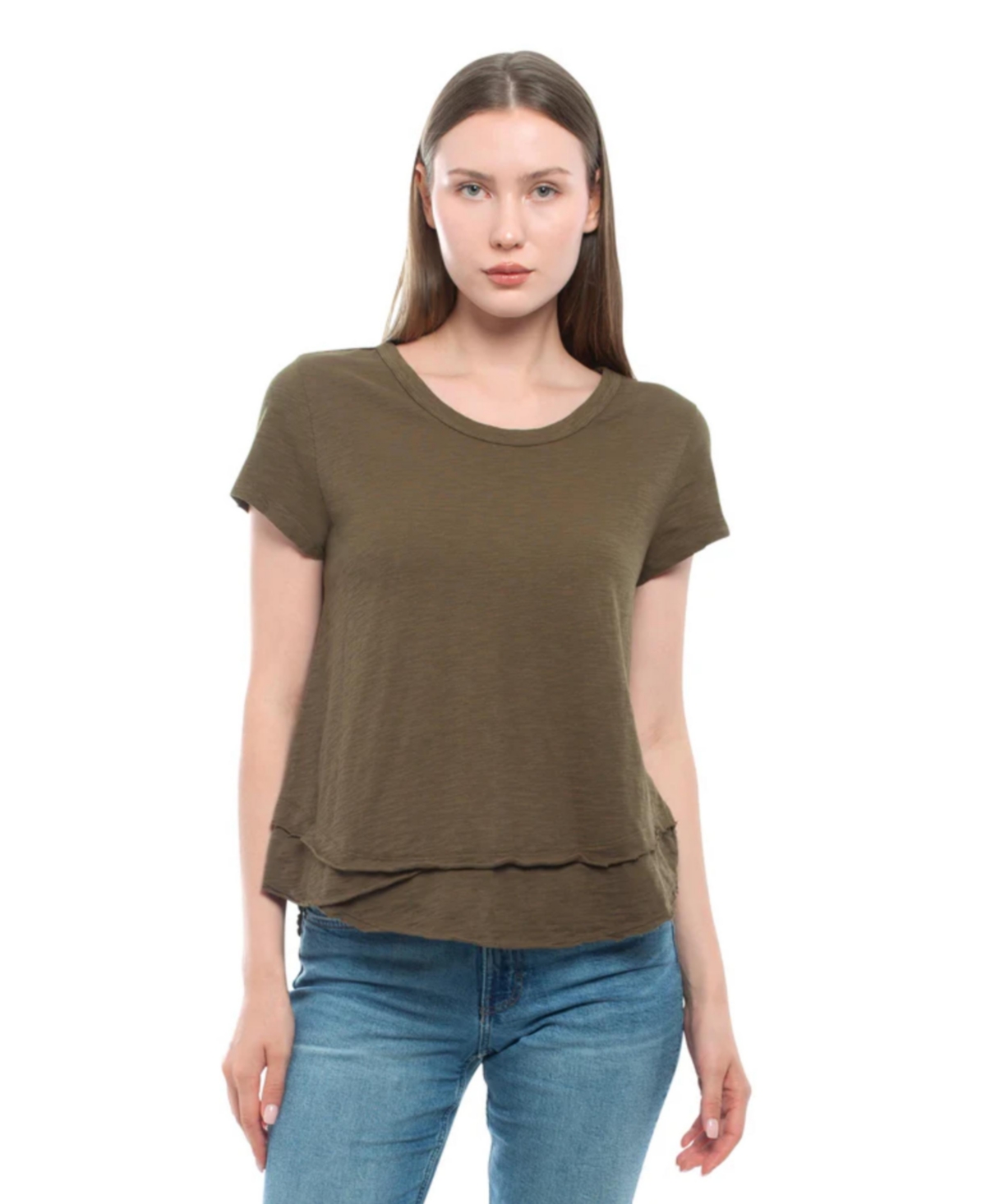 Click here for Wilt Woemns Short Sleeve Mock Layer Tee - Dark oli... prices