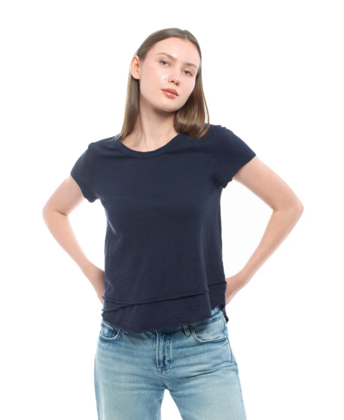 Click here for Wilt Woemns Short Sleeve Mock Layer Tee - Peacoat prices