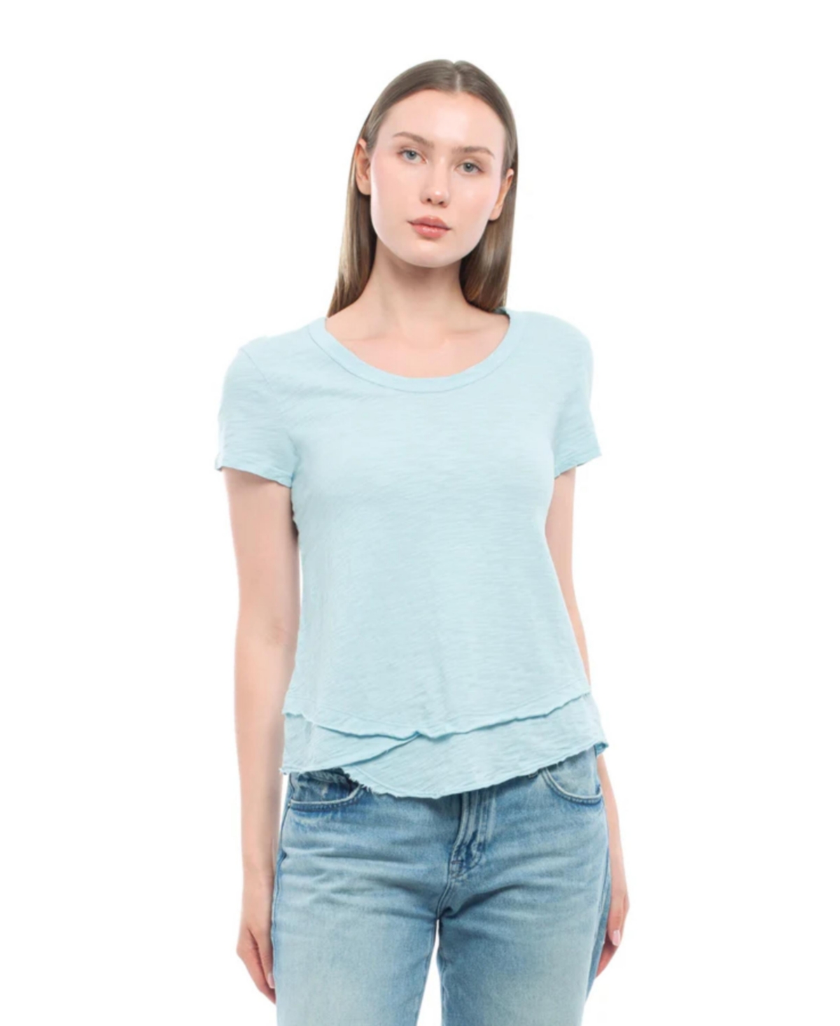 Click here for Wilt Woemns Short Sleeve Mock Layer Tee - Baby blu... prices