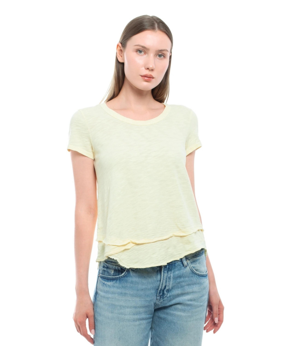 Click here for Wilt Woemns Short Sleeve Mock Layer Tee - Daffodil... prices