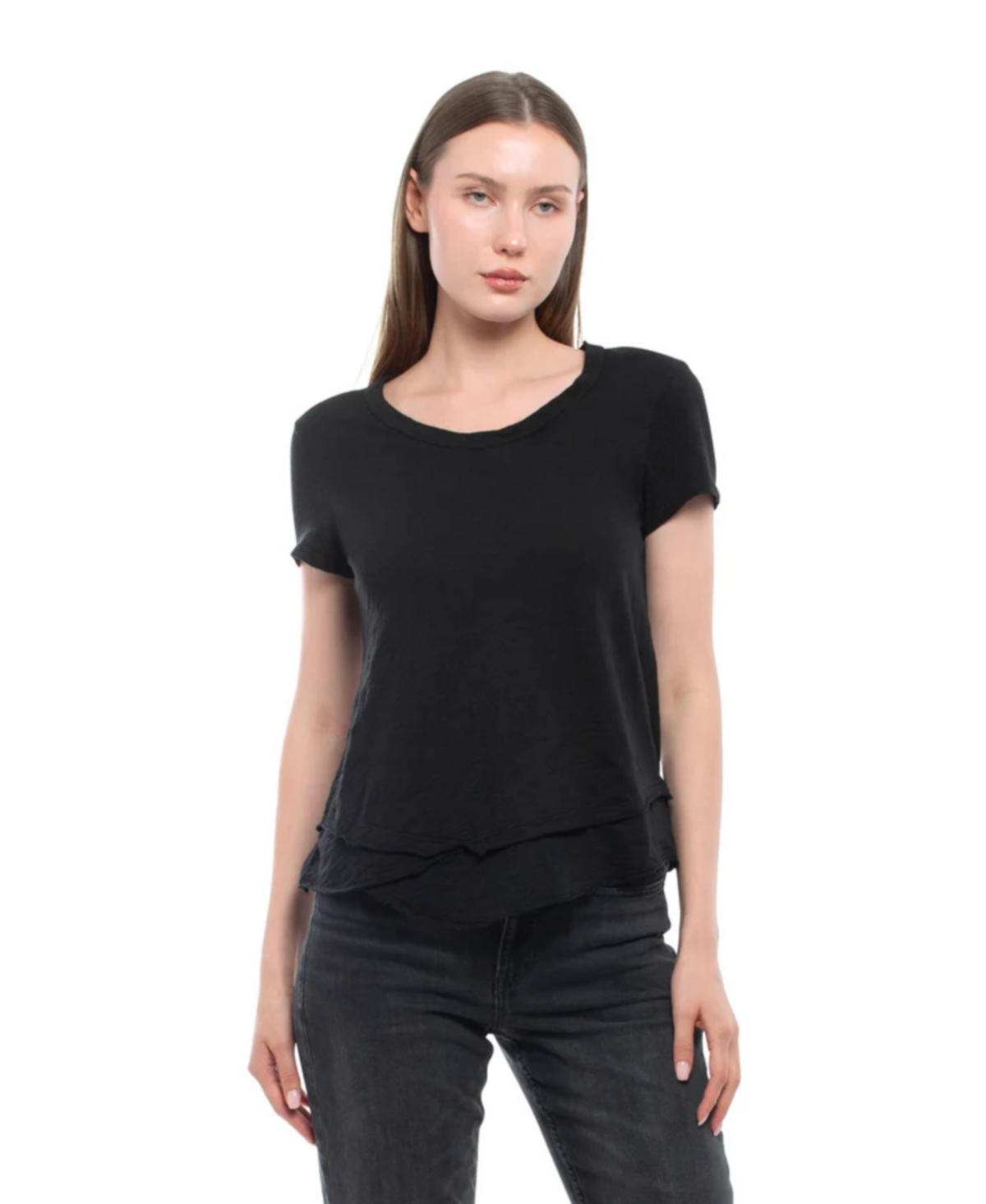 Click here for Wilt Woemns Short Sleeve Mock Layer Tee - Black prices