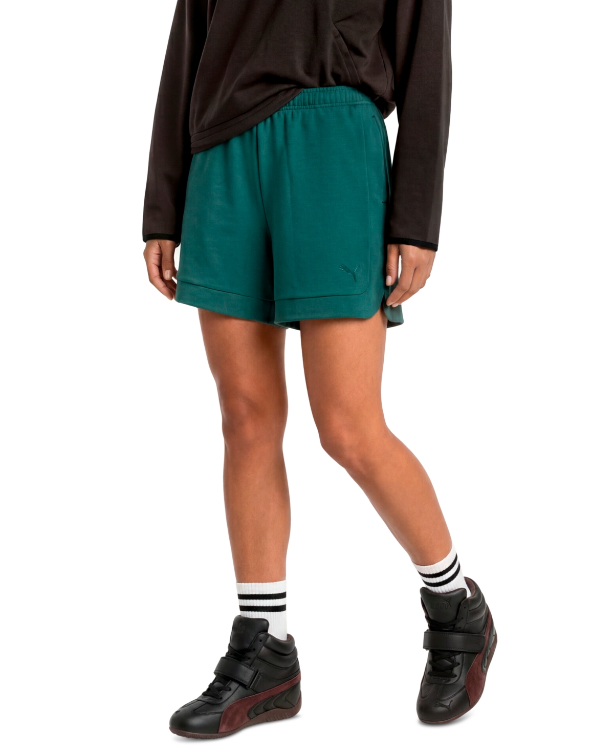 Click here for Puma Womens Loose Fit Mid-Rise Shorts - Herb Garde... prices