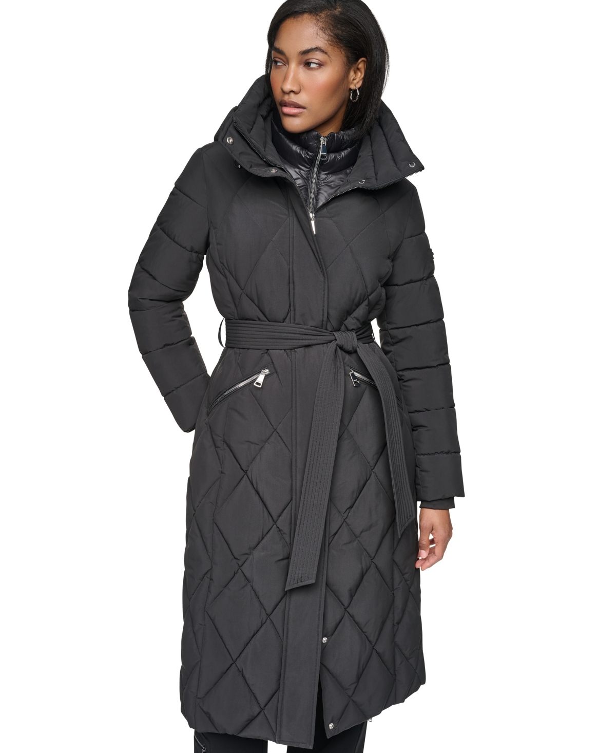 Click here for Dkny Womens Long Belted Quilted Puffer Coat - Blac... prices