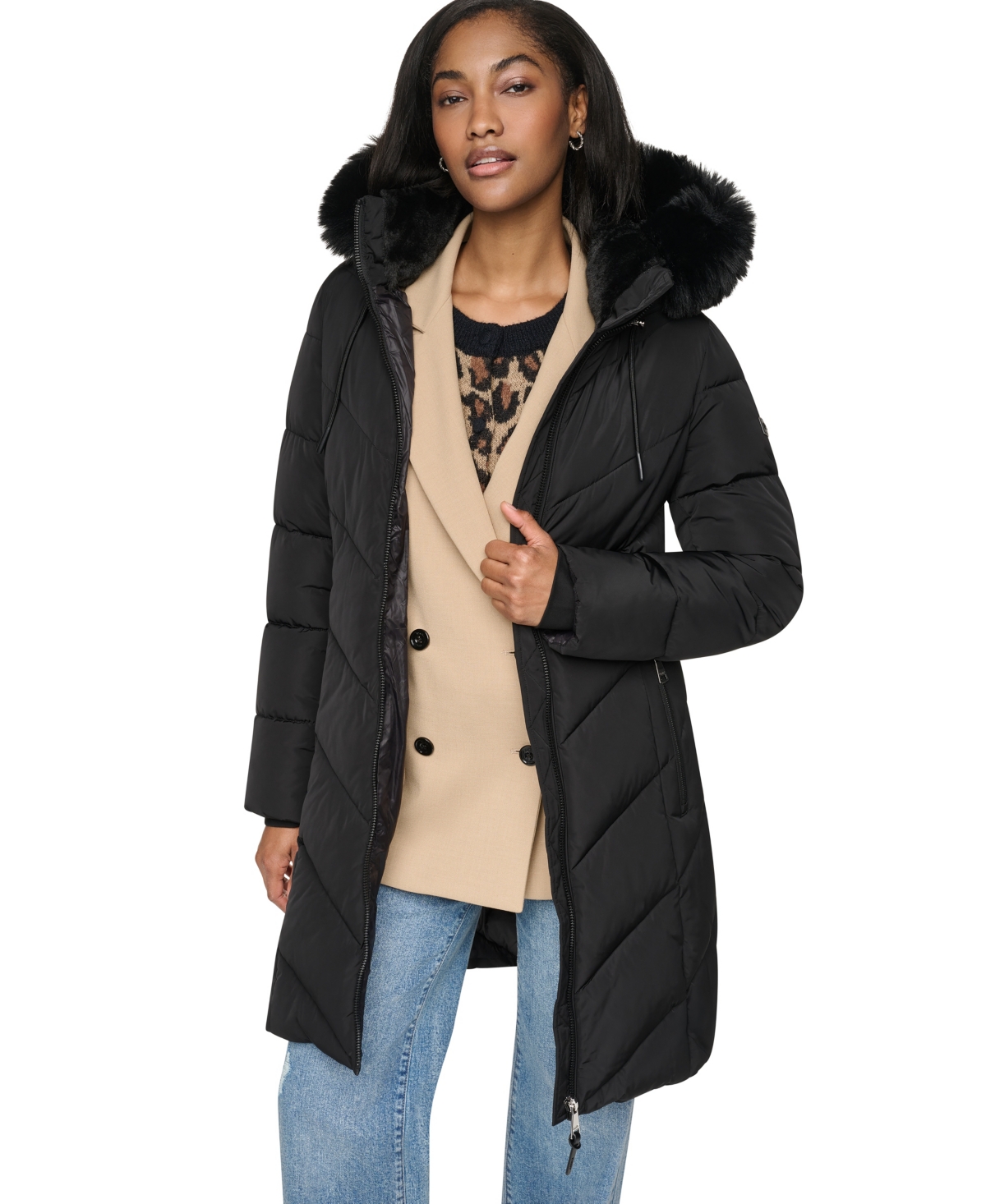 Click here for Dkny Womens Walker Length Puffer with Faux Fur Tri... prices