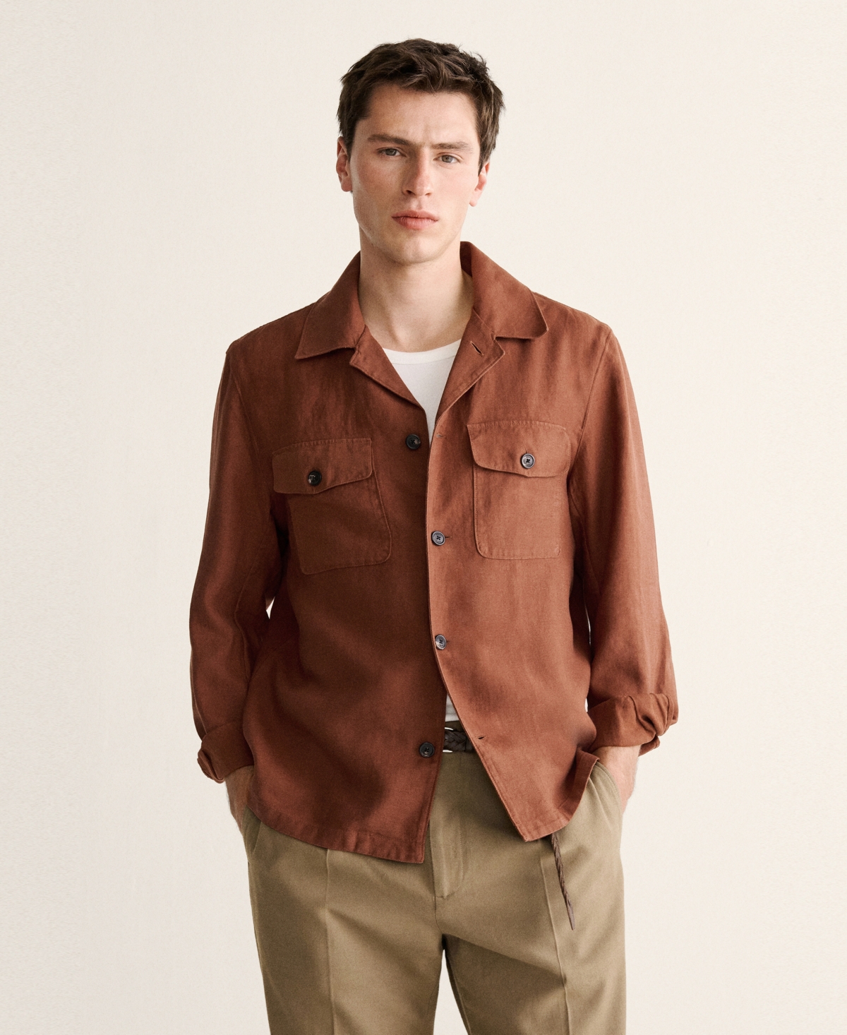 Click here for Mango Mens Pockets Lyocell Linen Overshirt - Russe... prices