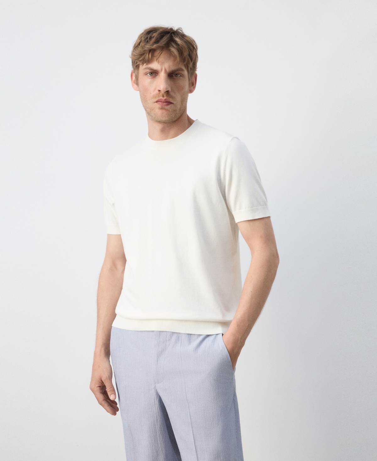 Click here for Mango Mens Cotton Fine-Knit T-Shirt - Off White prices