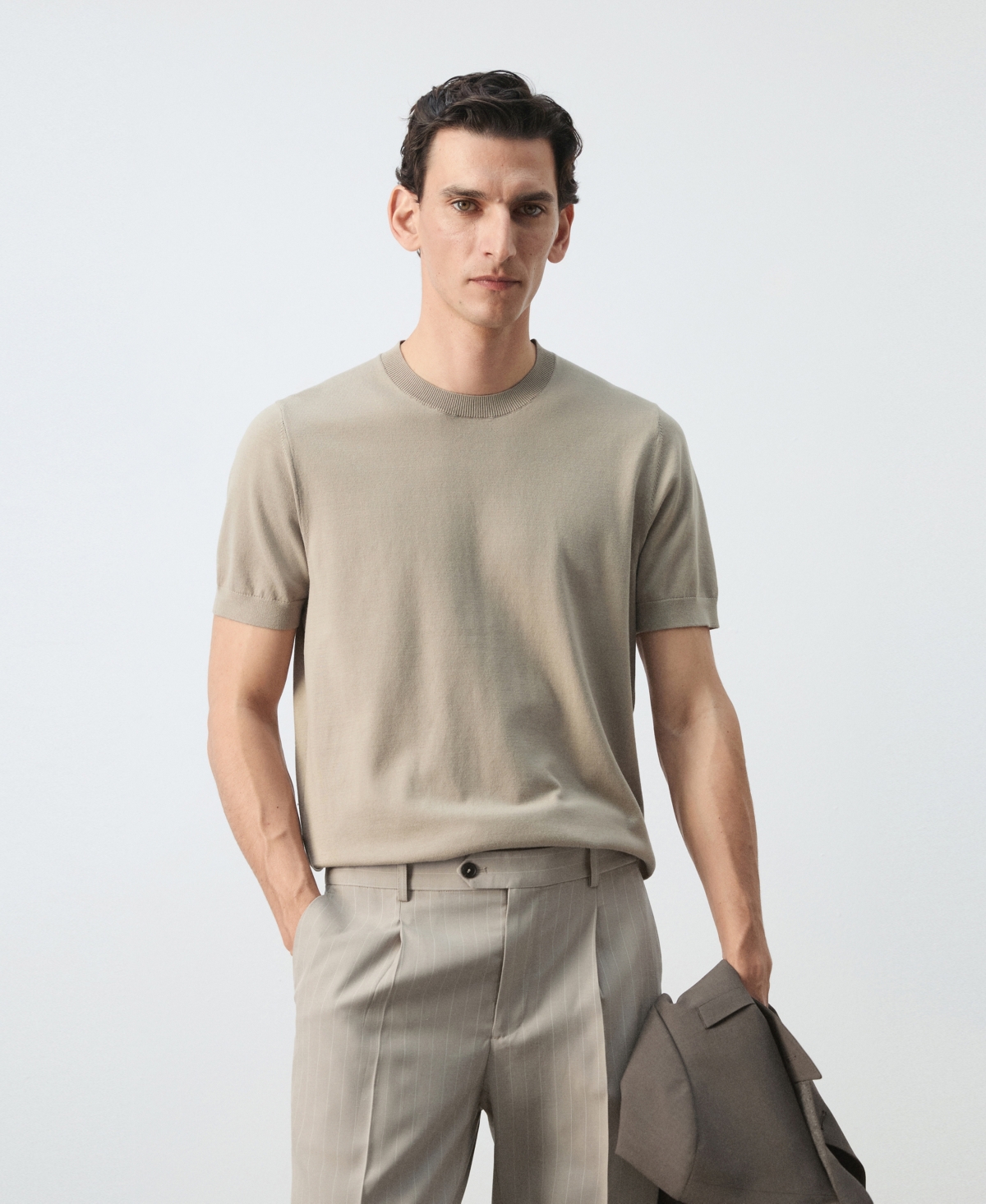Click here for Mango Mens Cotton Fine-Knit T-Shirt - Sand prices
