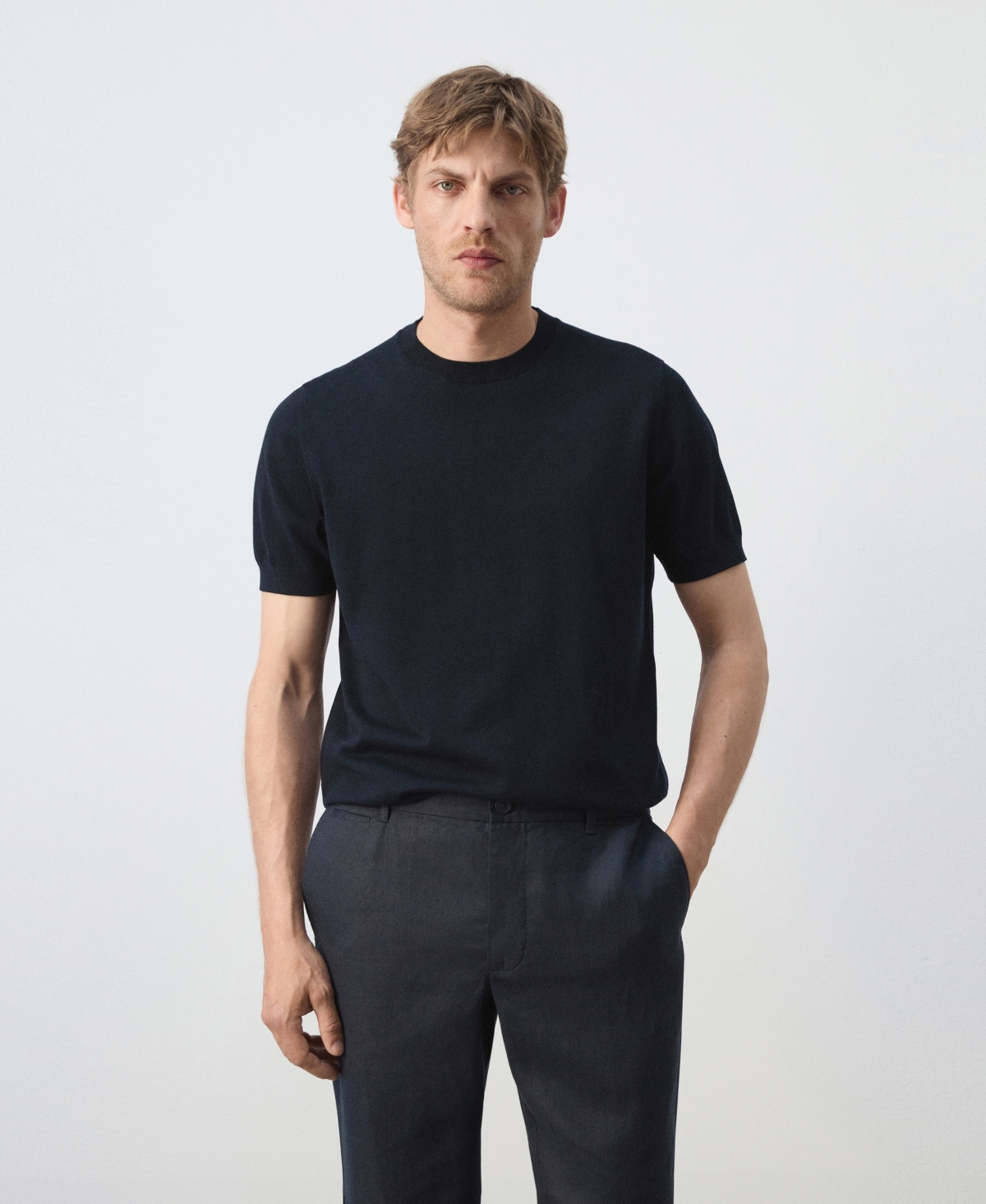 Click here for Mango Mens Cotton Fine-Knit T-Shirt - Night Blue prices