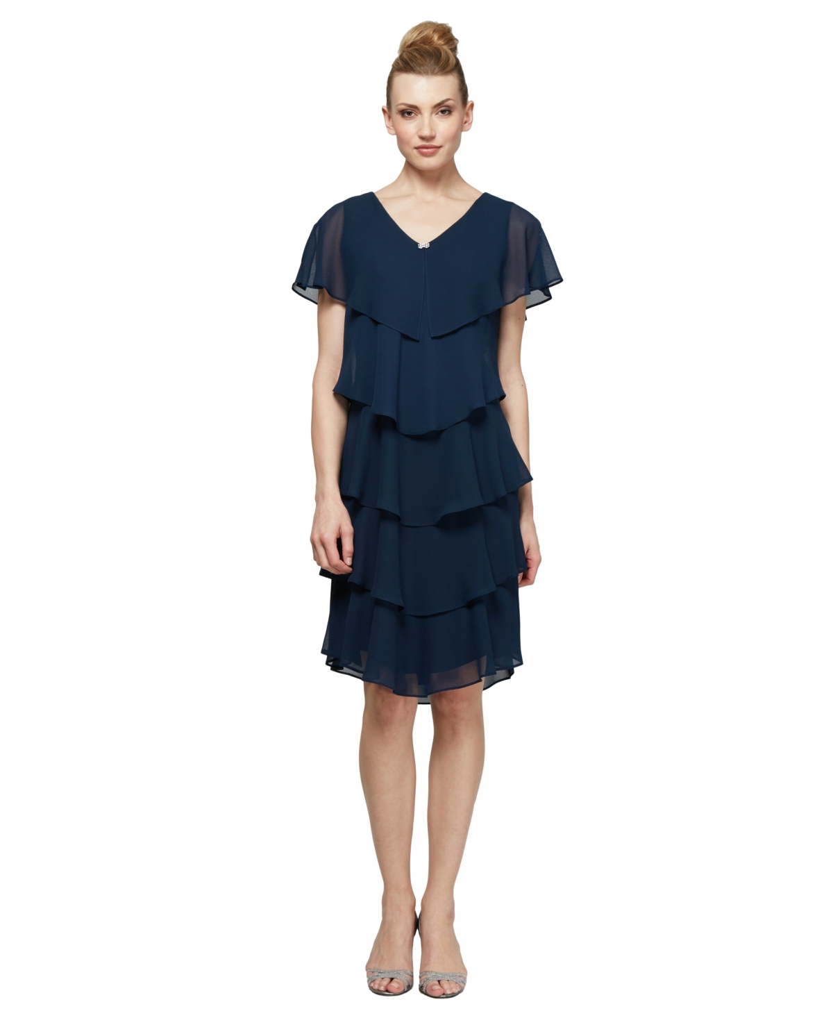 Sl Fashions Tiered Rhinestone Capelet Dress - Navy