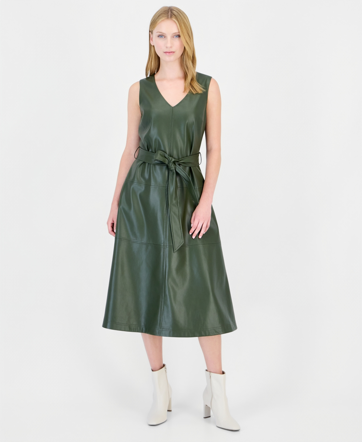 Click here for T Tahari Womens Faux Leather Tiered V-Neck Midi Dr... prices