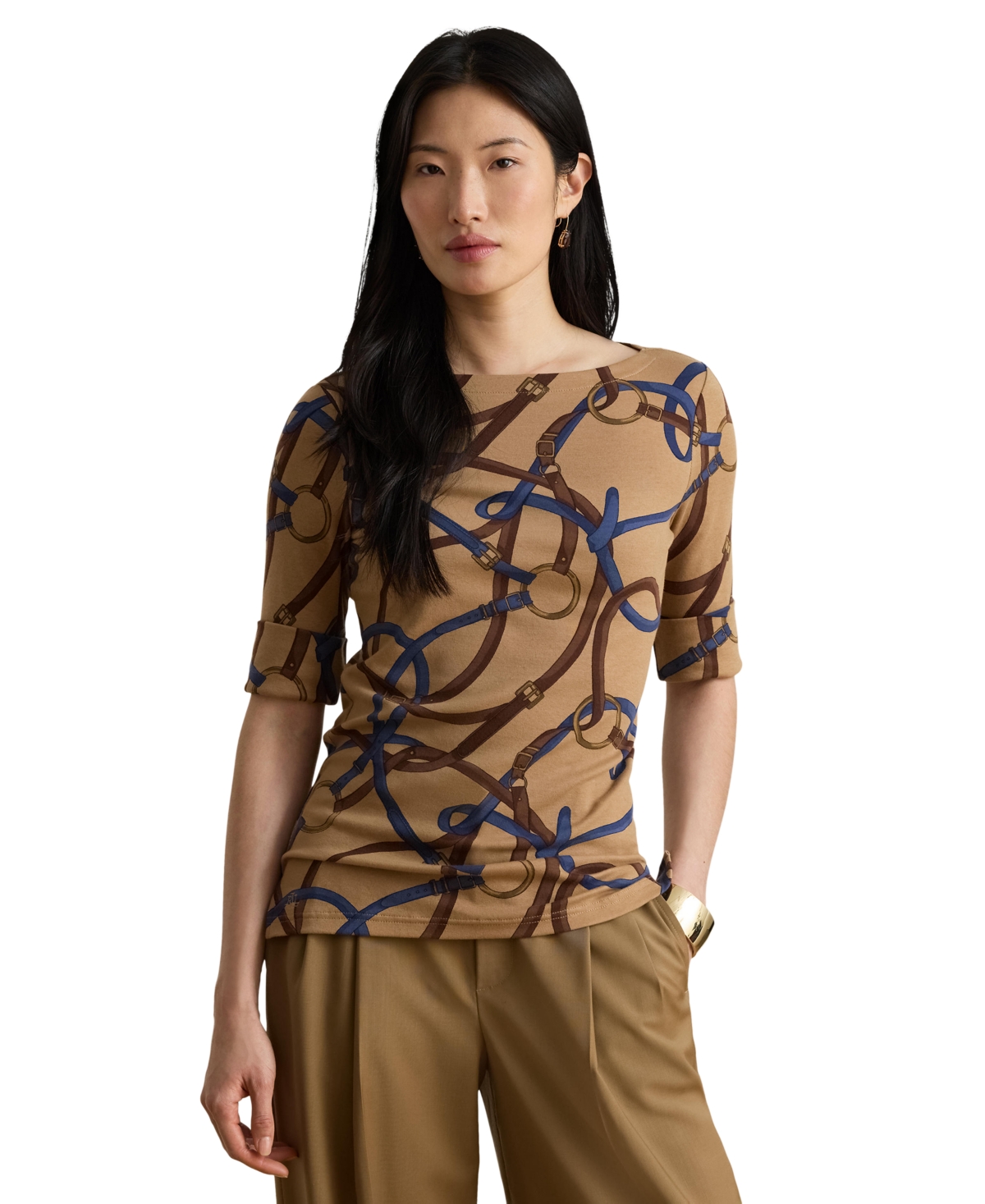 Click here for Lauren Ralph Lauren Womens Belting Print Boat Neck... prices