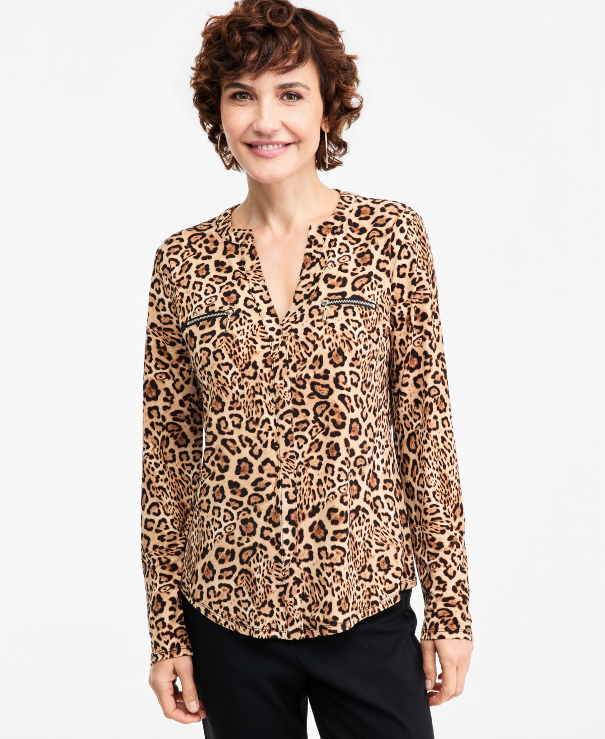 Click here for Jm Collection Womens Long-Sleeve V-Neck Leopard-Pr... prices