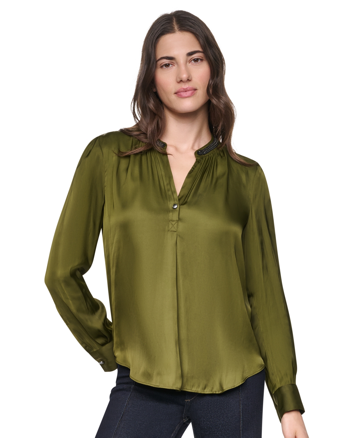 Click here for Dkny Womens V-Neck Satin Long-Sleeve Top - Dark Ol... prices