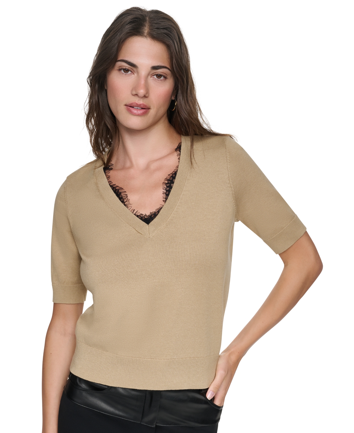 Click here for Dkny Womens Lace Trim Crewneck Short-Sleeve Cotton... prices