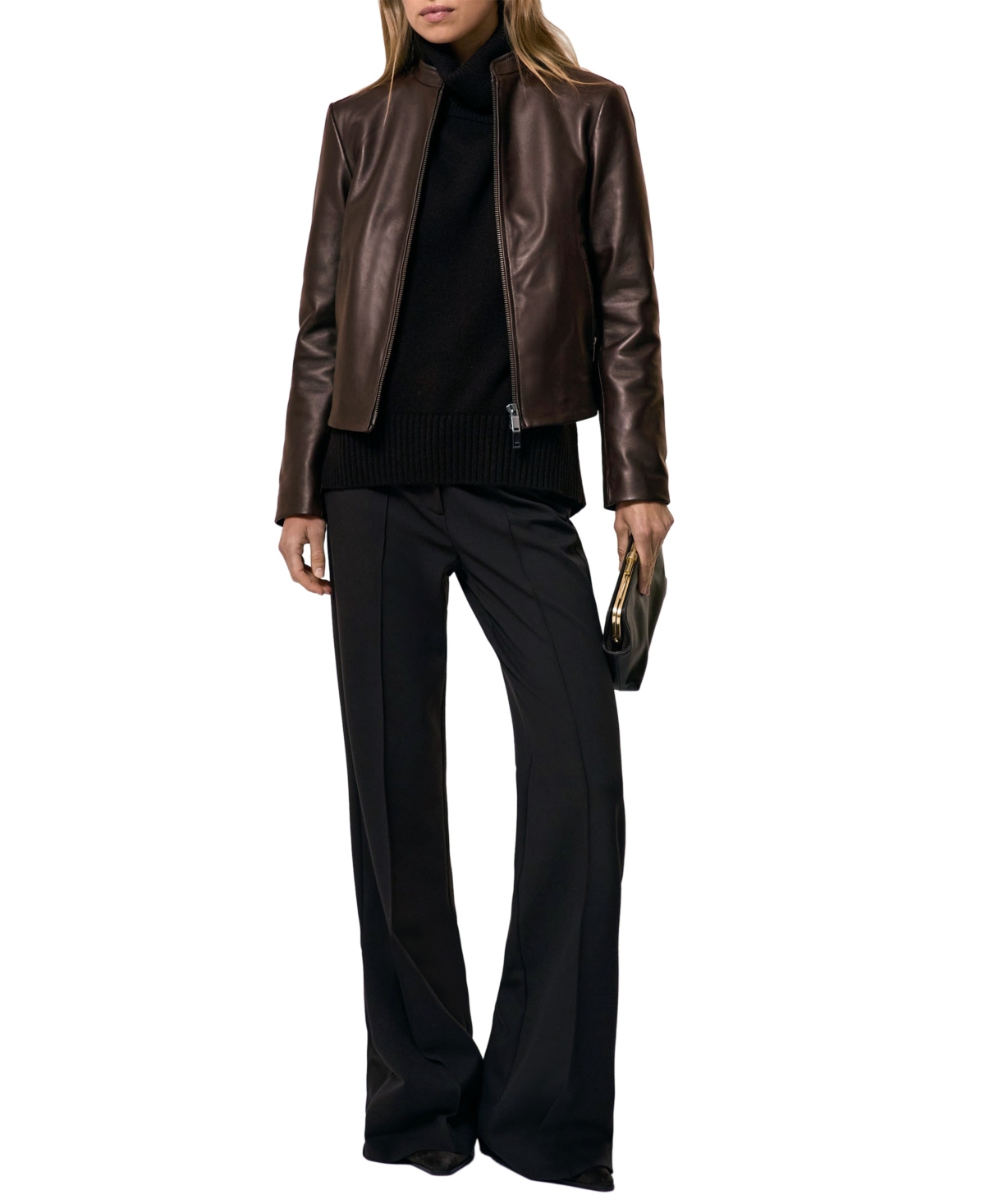 Click here for Reiss Womens Allie Collarless Leather Jacket - Cho... prices