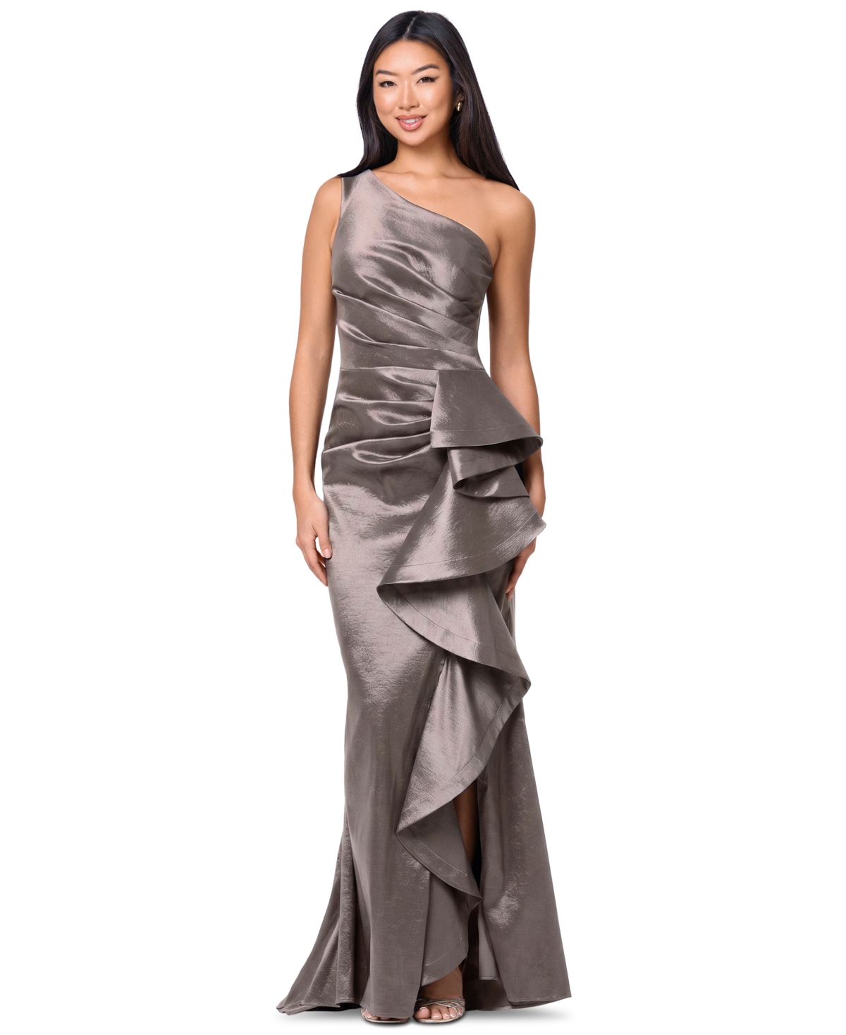 Click here for Betsy & Adam Petite One-Shoulder Ball Gown - Mocha prices