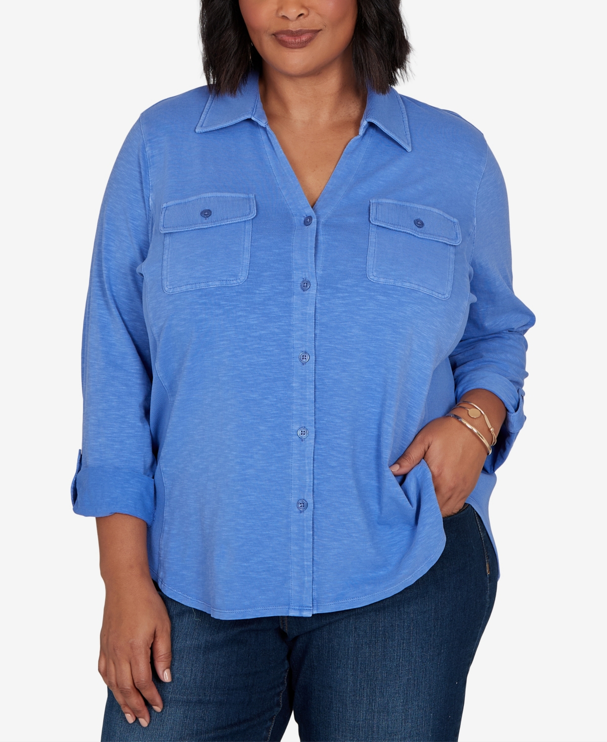 Click here for Ruby Rd. Plus Size Rib Trim Button Front Knit Top... prices