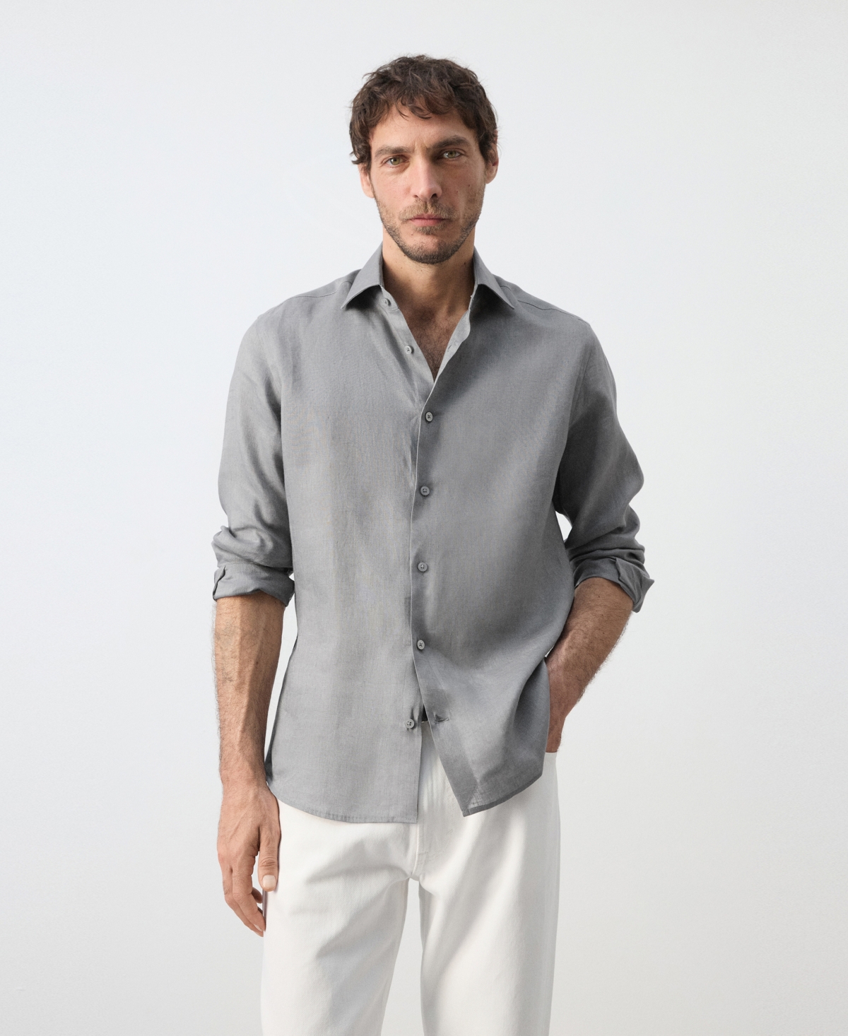 Click here for Mango Mens Linen Slim-Fit Shirt - Charcoal prices