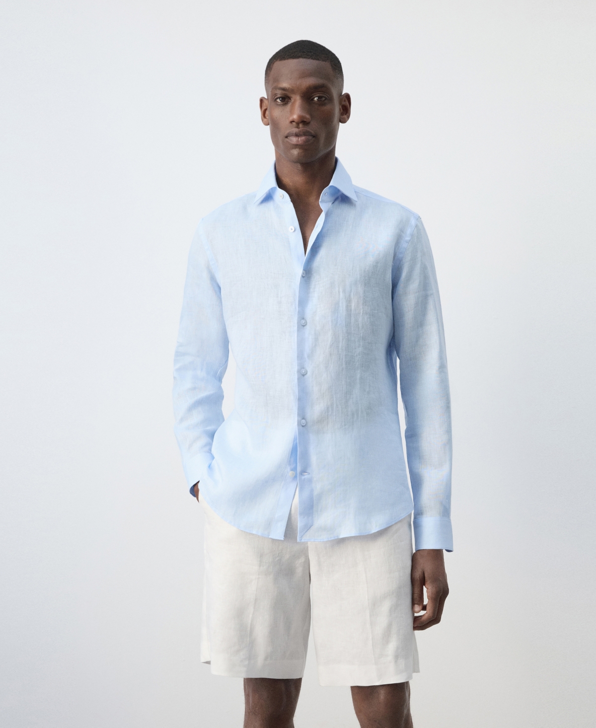 Click here for Mango Mens Linen Slim-Fit Shirt - Sky Blue prices
