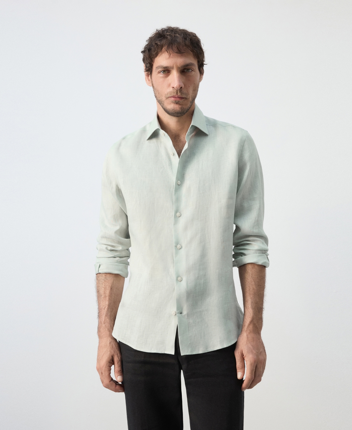 Click here for Mango Mens Linen Slim-Fit Shirt - Aqua Green prices