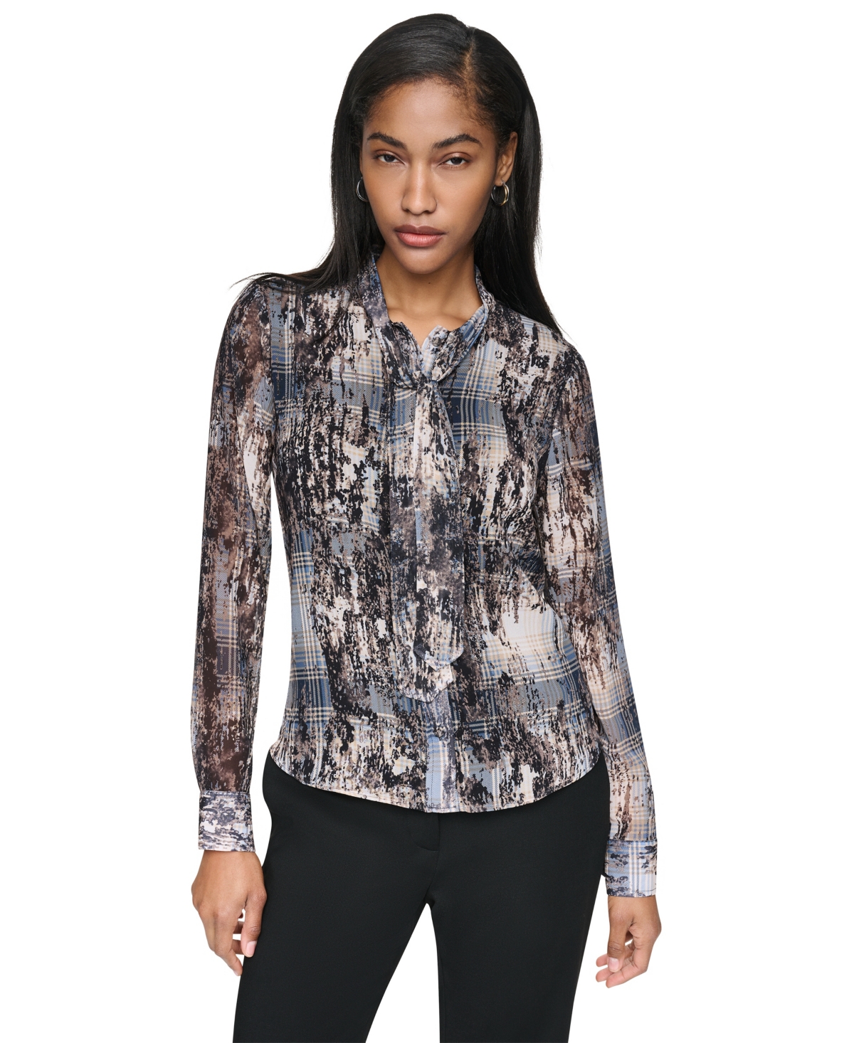 Click here for Dkny Womens Tie-Neck V-Neck Blouse - Navy/traverti... prices