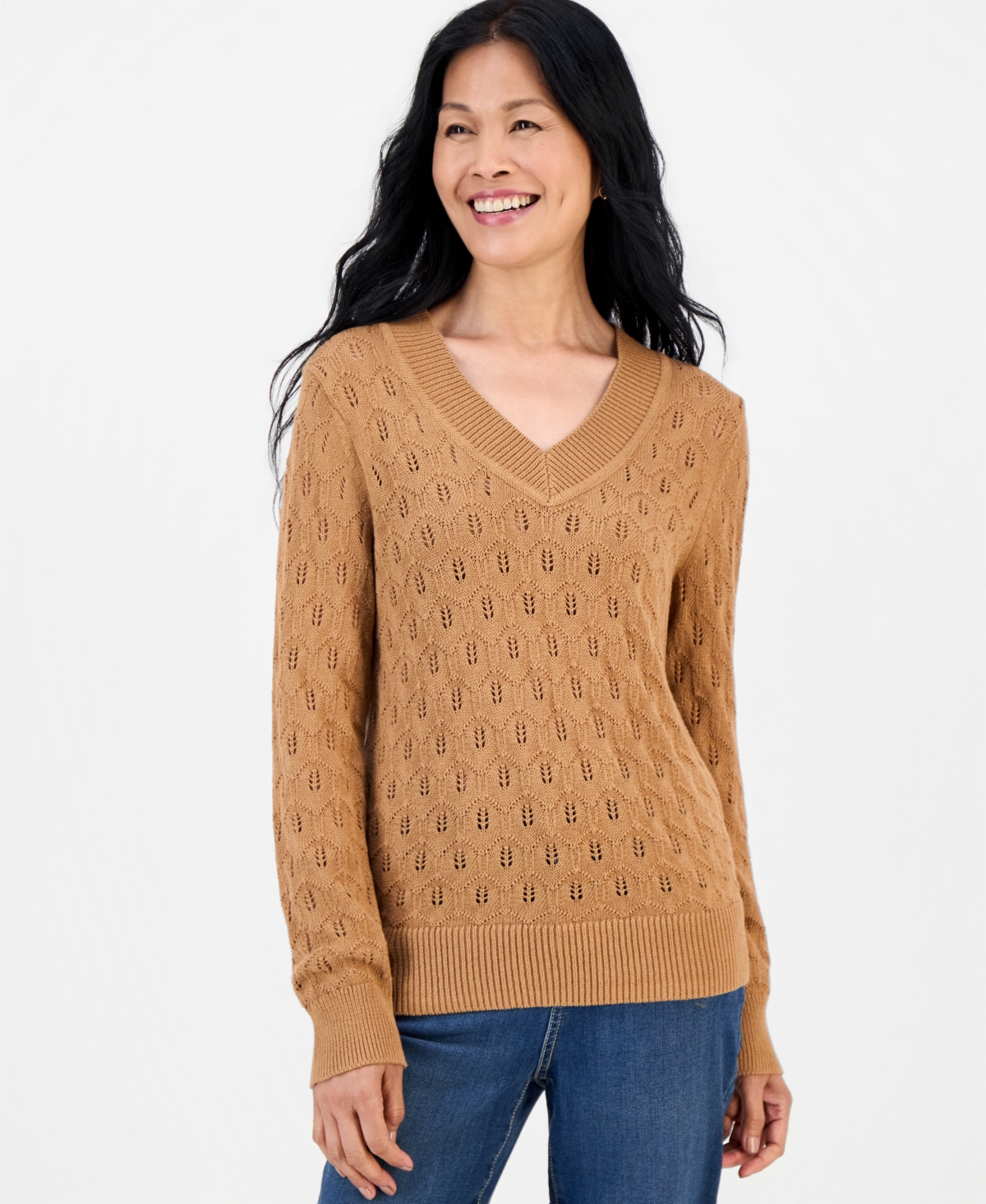 Click here for Style & Co Womens V-Neck Cotton Pointelle Sweater... prices