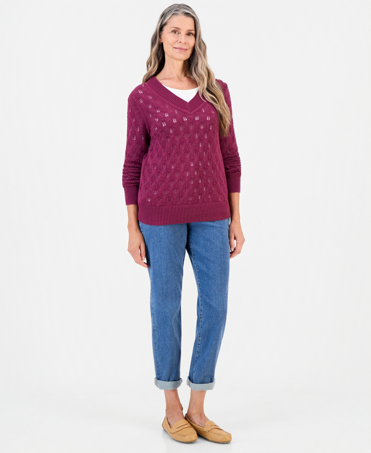 Click here for Style & Co Womens V-Neck Cotton Pointelle Sweater... prices