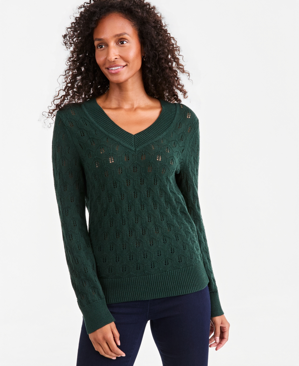 Click here for Style & Co Womens V-Neck Cotton Pointelle Sweater... prices