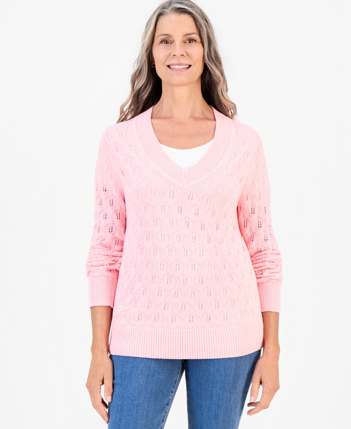Click here for Style & Co Womens V-Neck Cotton Pointelle Sweater... prices