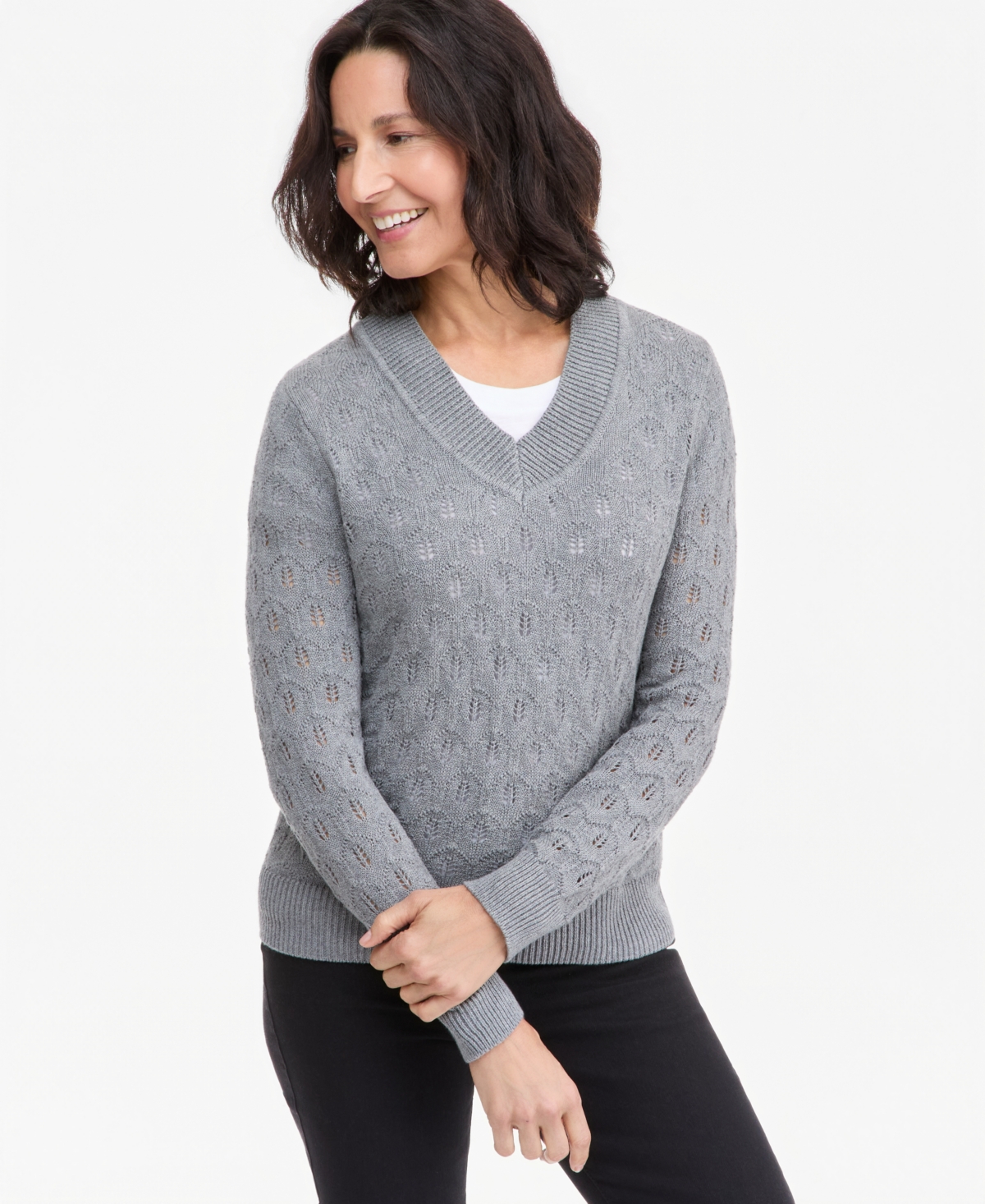 Click here for Style & Co Womens V-Neck Cotton Pointelle Sweater... prices