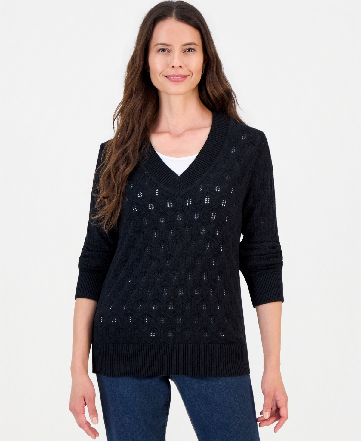 Click here for Style & Co Womens V-Neck Cotton Pointelle Sweater... prices