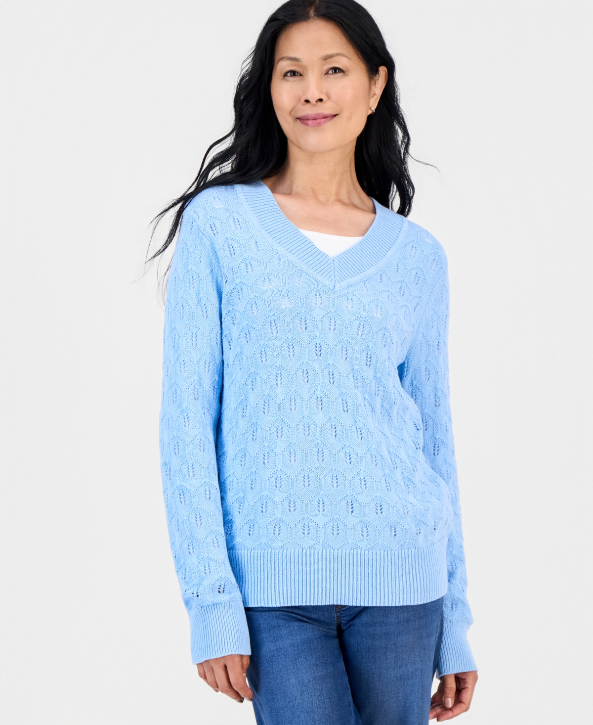 Click here for Style & Co Womens V-Neck Cotton Pointelle Sweater... prices