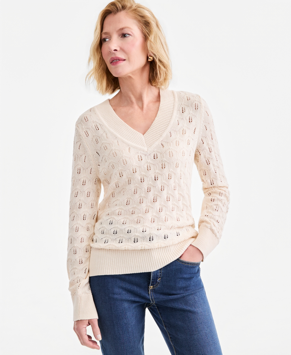 Click here for Style & Co Womens V-Neck Cotton Pointelle Sweater... prices