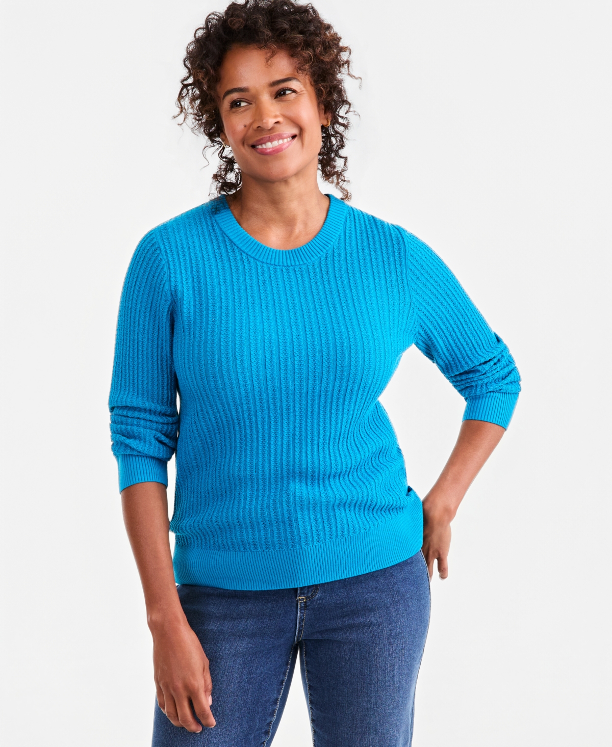 Click here for Style & Co Womens Mix Stitch Crewneck Cotton Sweat... prices