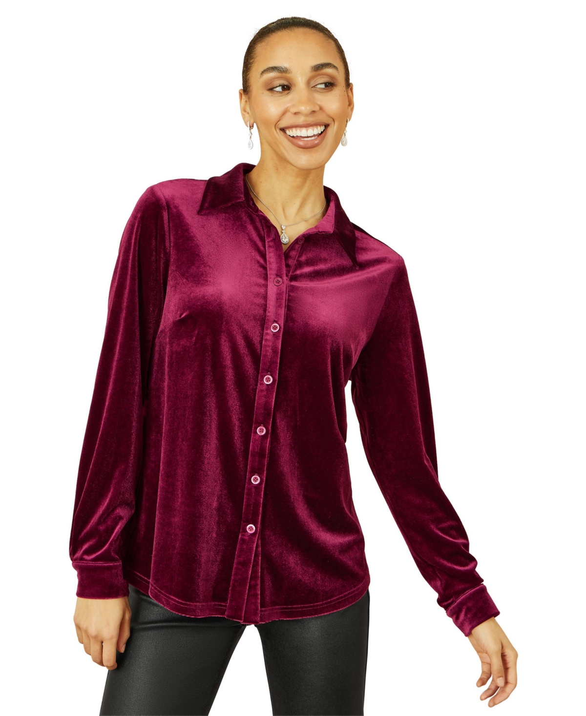 Click here for Yumi Womens Velvet Relaxed Fit Shirt - Burgundy prices