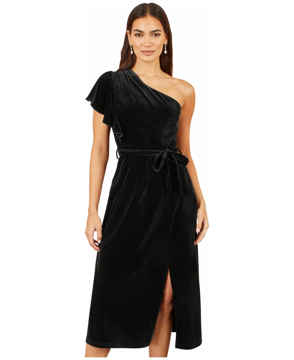 Click here for Yumi Womens Velvet One Shoulder Midi Dress - Black prices