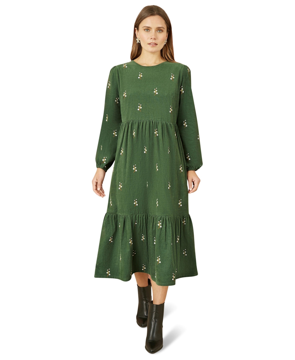 Click here for Yumi Womens Floral Corduroy Midi Dress - Green prices