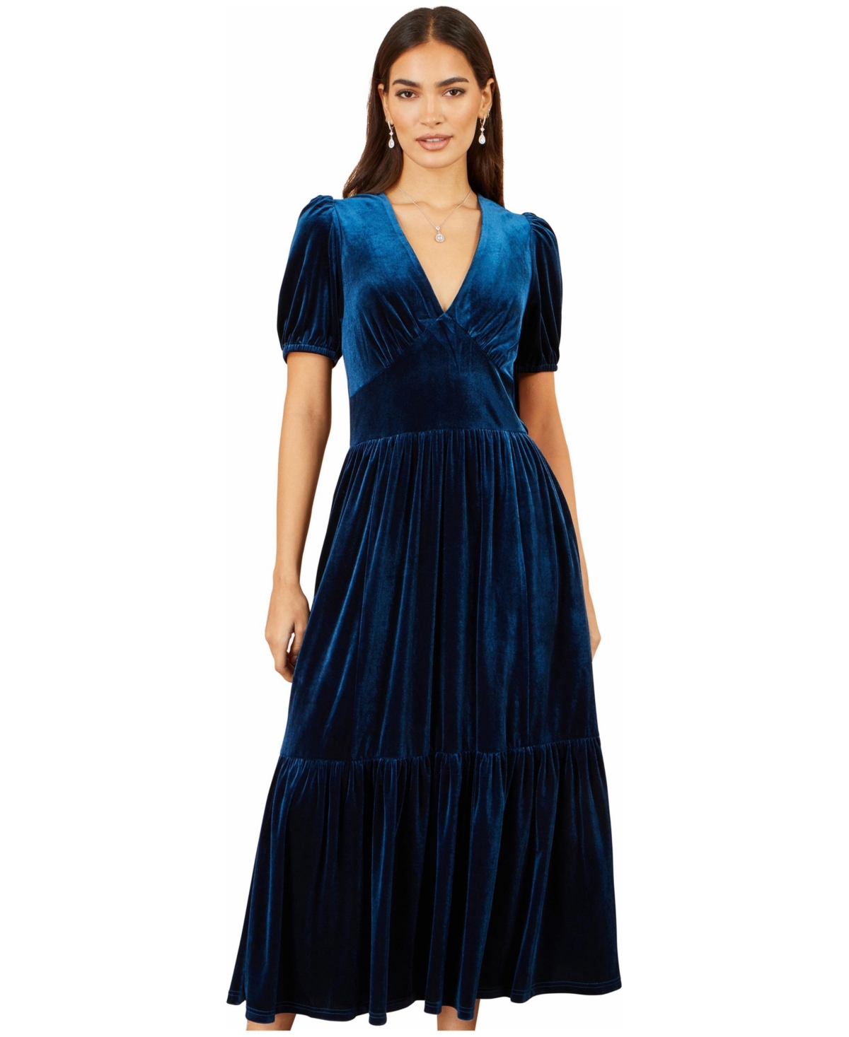 Click here for Yumi Womens Puff Sleeve V-Neck Velvet Midi Dress -... prices