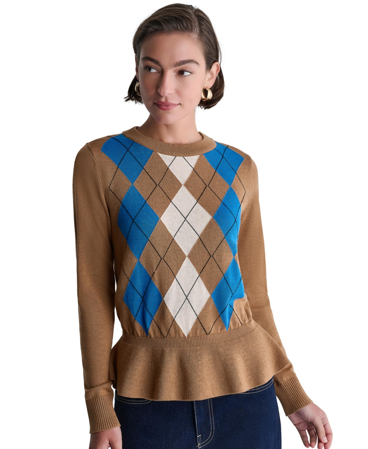 Click here for Bcbg Womens Long-Sleeve Crewneck Argyle Peplum Swe... prices